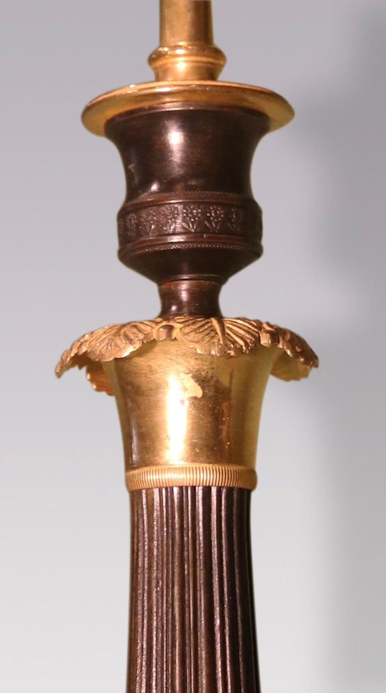 Pair of 19th Century Bronze and Ormolu Triform Base Candlestick Lamps ...