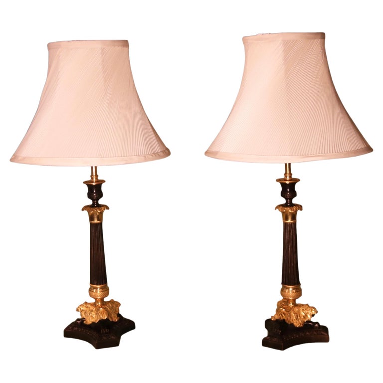 Pair of 19th Century Bronze and Ormolu Triform Base Candlestick Lamps ...