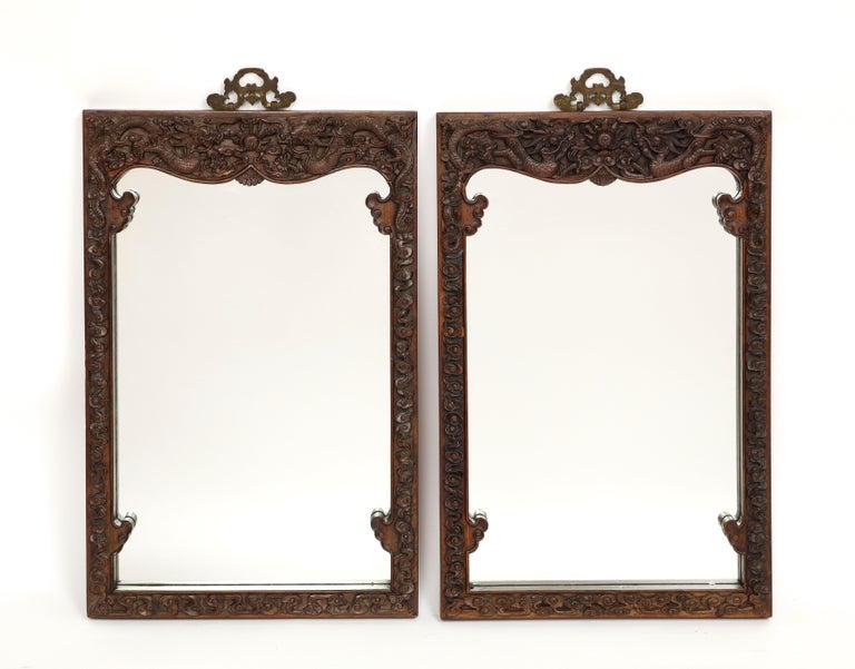 Pair of 19th Century Chinese Hardwood Hand-Carved 5-Claw Dragon Mirrors ...