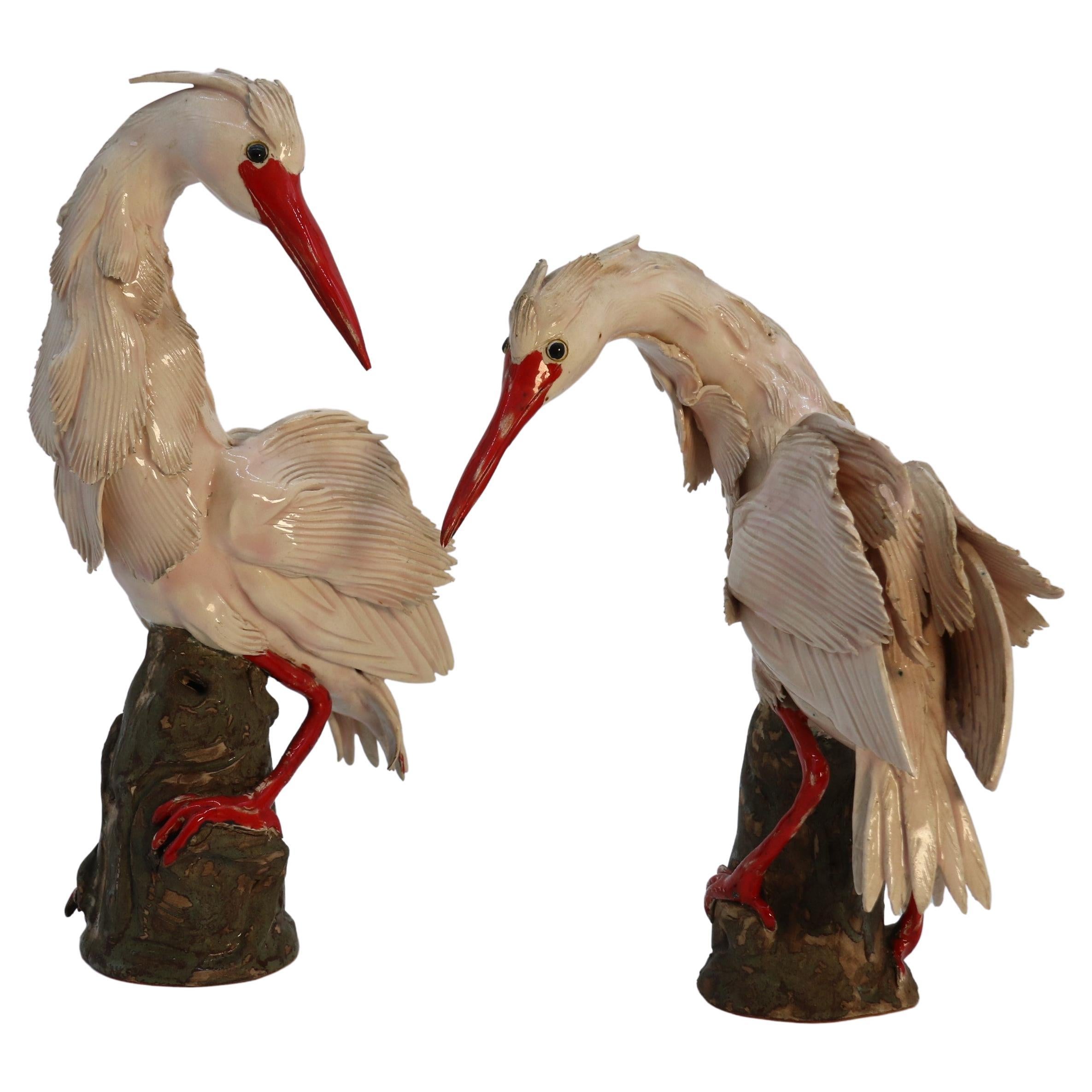 A pair of 19th century Meiji period Japanese hand made pottery storks ...