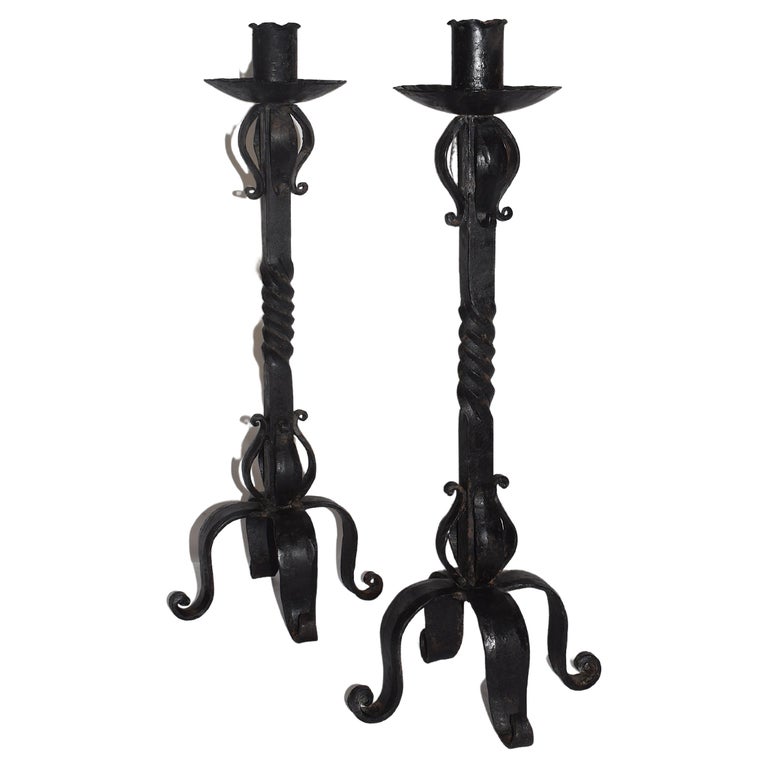 Pair of 19th Century Spanish Black Wrought Iron Candlesticks For Sale ...