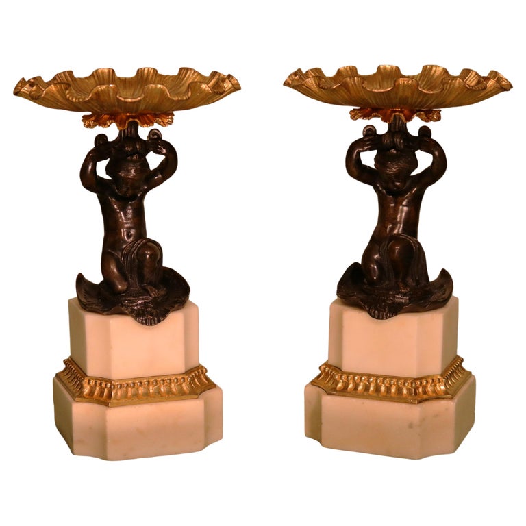 Pair of 19th Century White Marble Bronze and Ormolu Shell Tazzas For ...