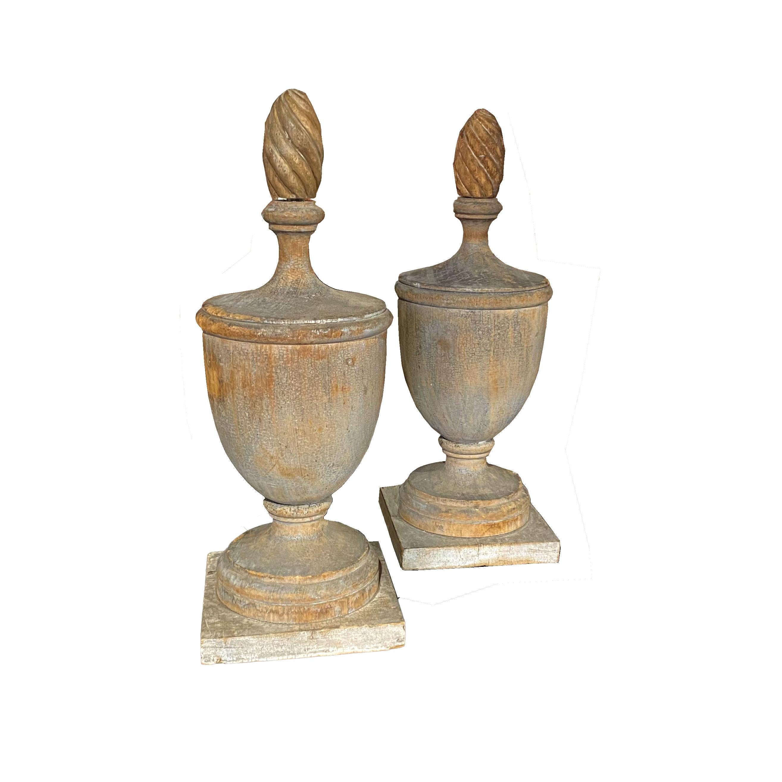 Pair of 19th Turned Wood Architectural Finials of Urn Form, Early Paint ...