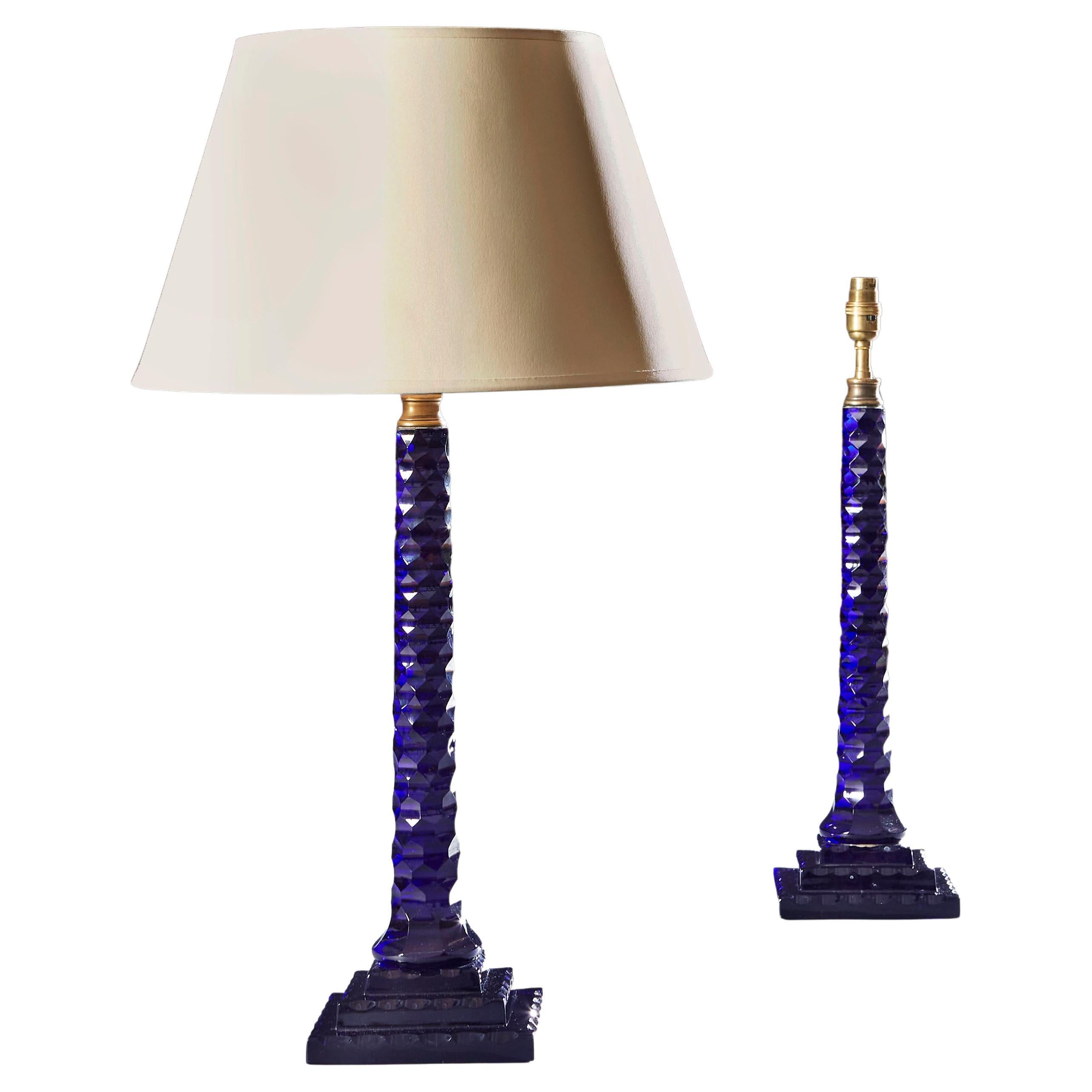 Pair of 19th-20th Century Cobalt Blue and Gilt Glass Oil Lamps with ...