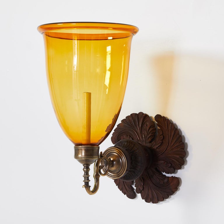 Pair of David Duncan Large Spiral Sconces with Amber Hurricane Shades ...