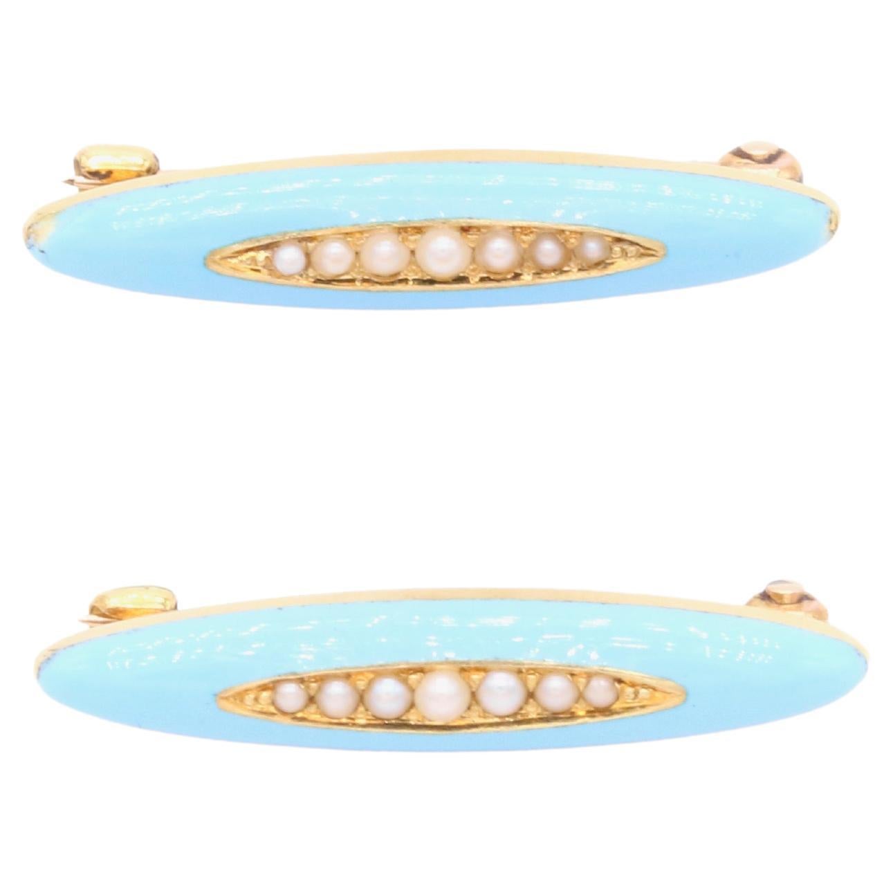 A Pair of Antique 14K Yellow Gold Pale Blue Enamel and Seed Pearl ...