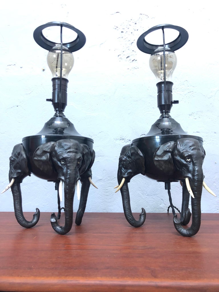 Pair of Antique Brass and Cast Iron Elephant Lamps For Sale at 1stDibs