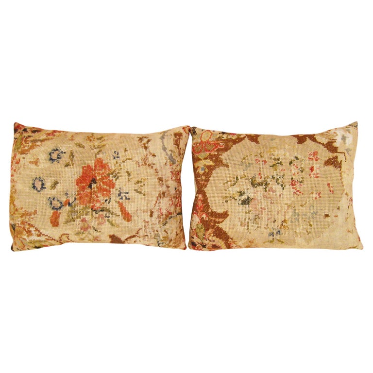 Pair of Antique Decorative English Needlepoint Rug Pillows with Floral ...
