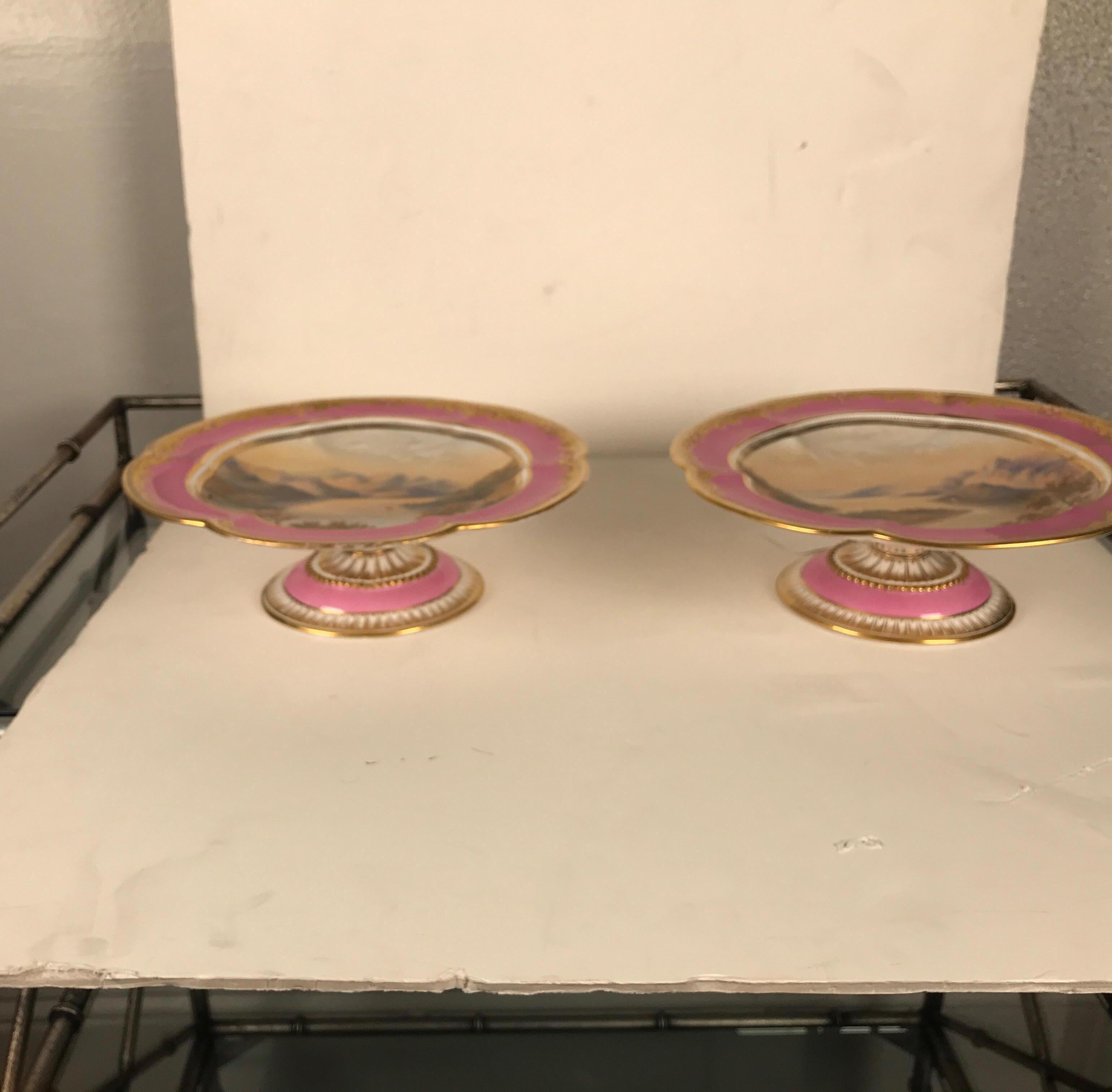 Pair of Antique English Hand Painted Porcelain Compotes For Sale at 1stDibs