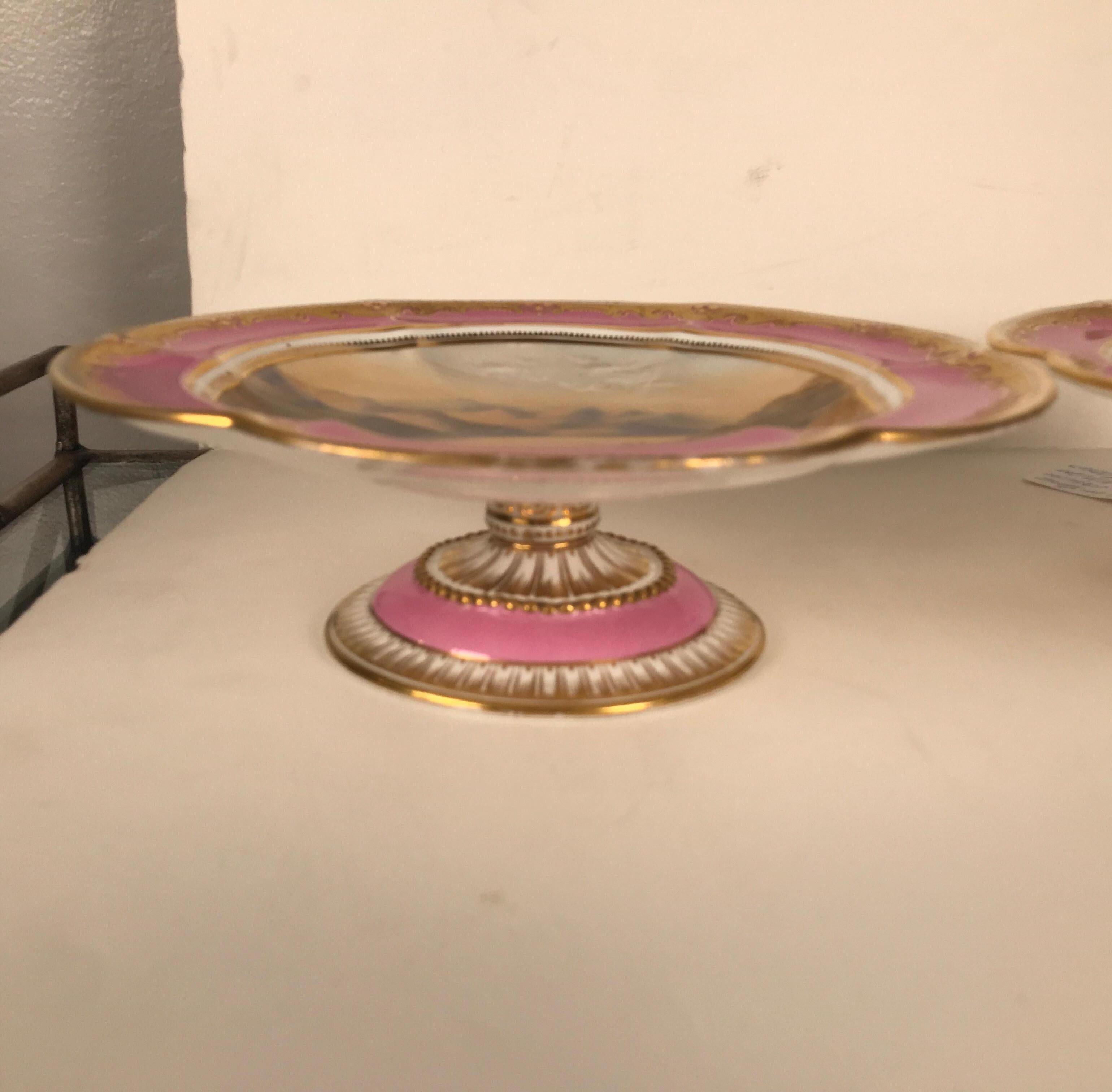 Pair of Antique English Hand Painted Porcelain Compotes For Sale at 1stDibs