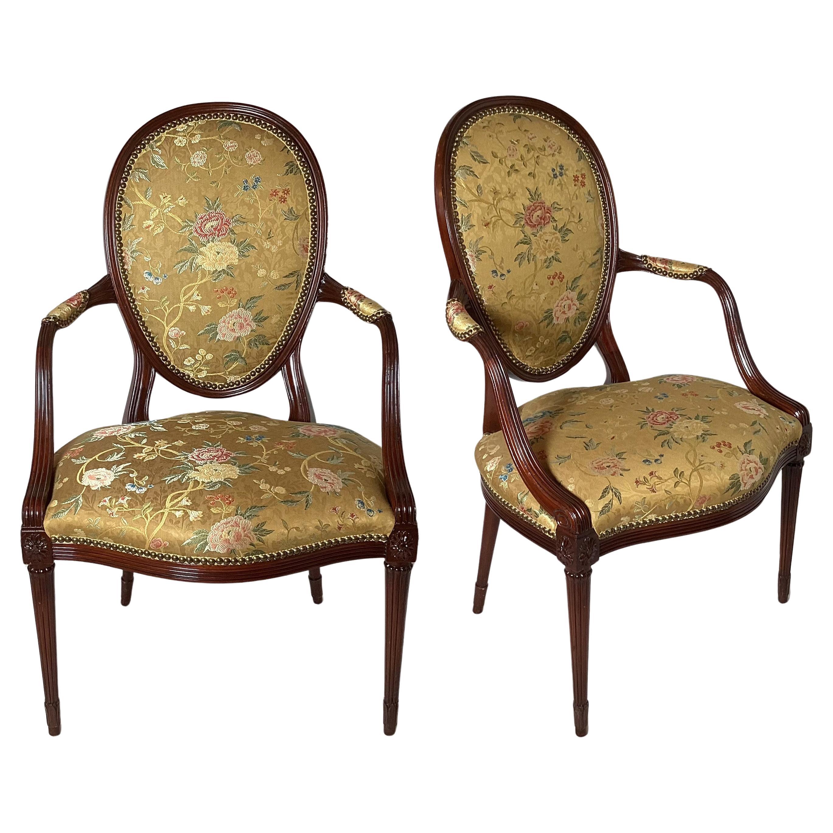 A Pair of Antique Georgian Style Open Arm Chairs with Scalamandre ...