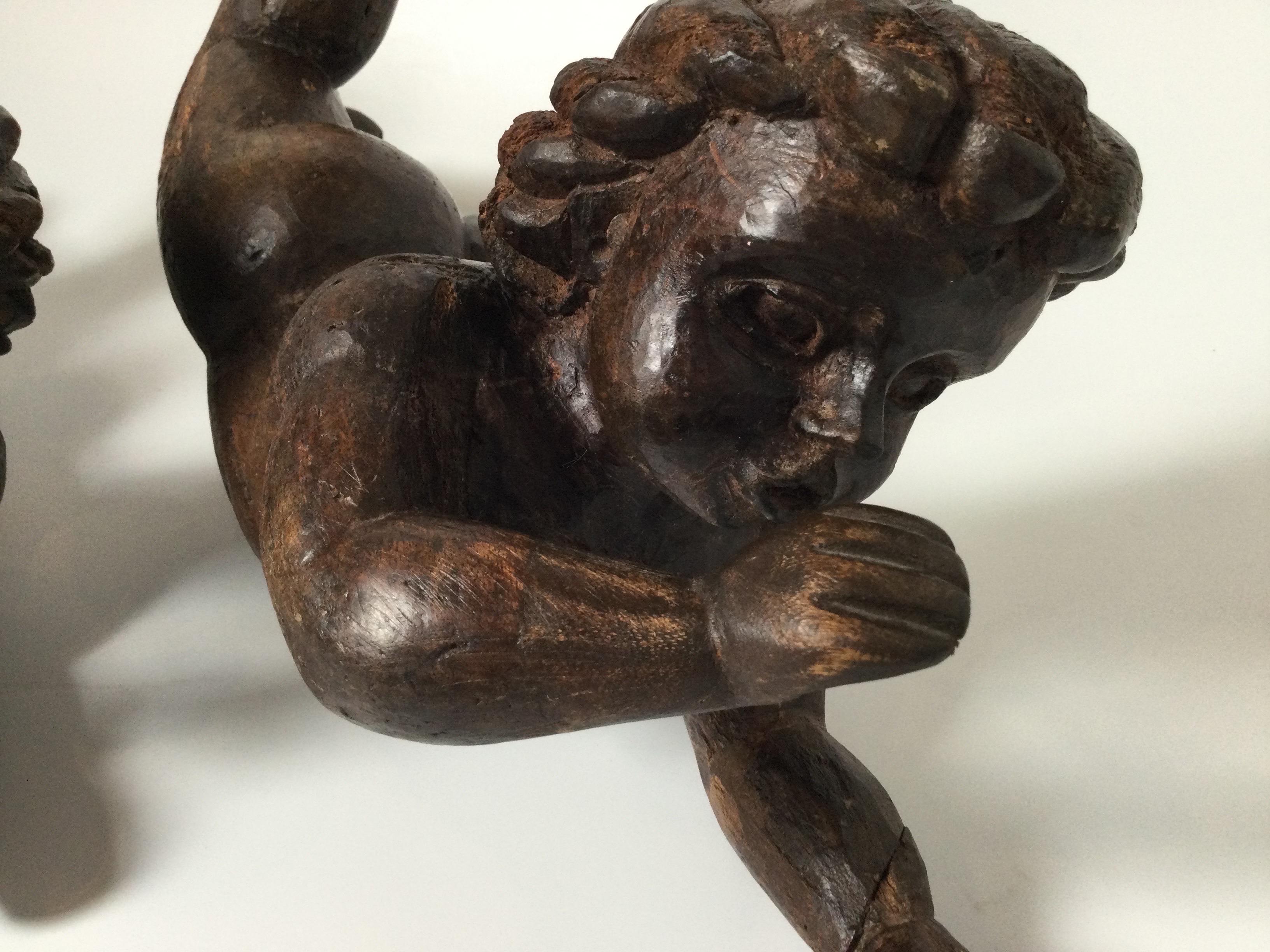 Pair of Antique Italian Hand Carved Walnut Cherubs For Sale at 1stDibs