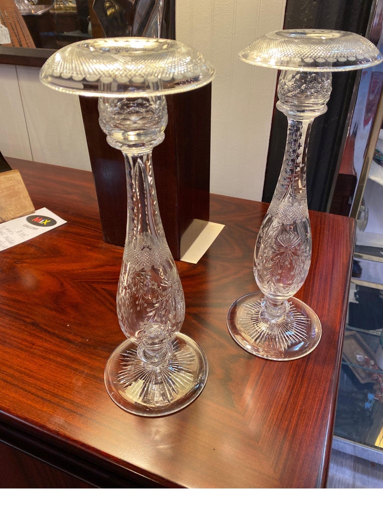 Pair of Antique Sinclair Glass Engraved Candlesticks, circa 1910 For ...