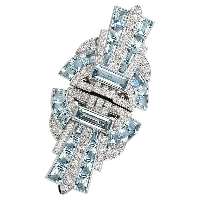 Pair of Aquamarine and Diamond Double Clips For Sale at 1stDibs