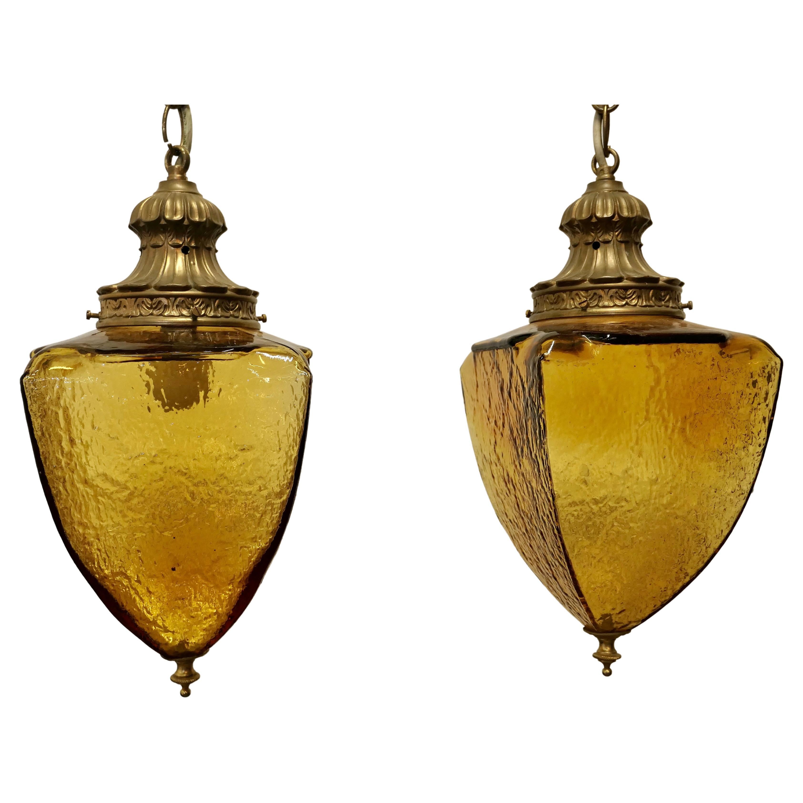 Pair of Art Deco Amber Glass Lanterns Hall Lights For Sale at 1stDibs