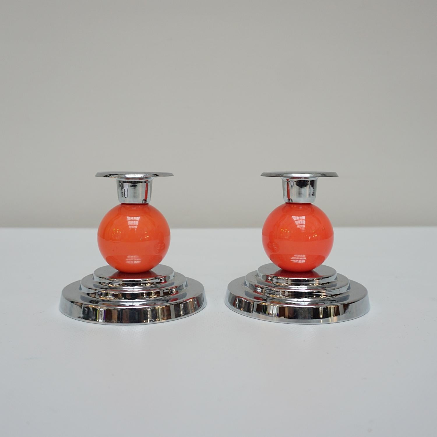 A Pair of Art Deco Chromed Bakelite Candlesticks For Sale at 1stDibs