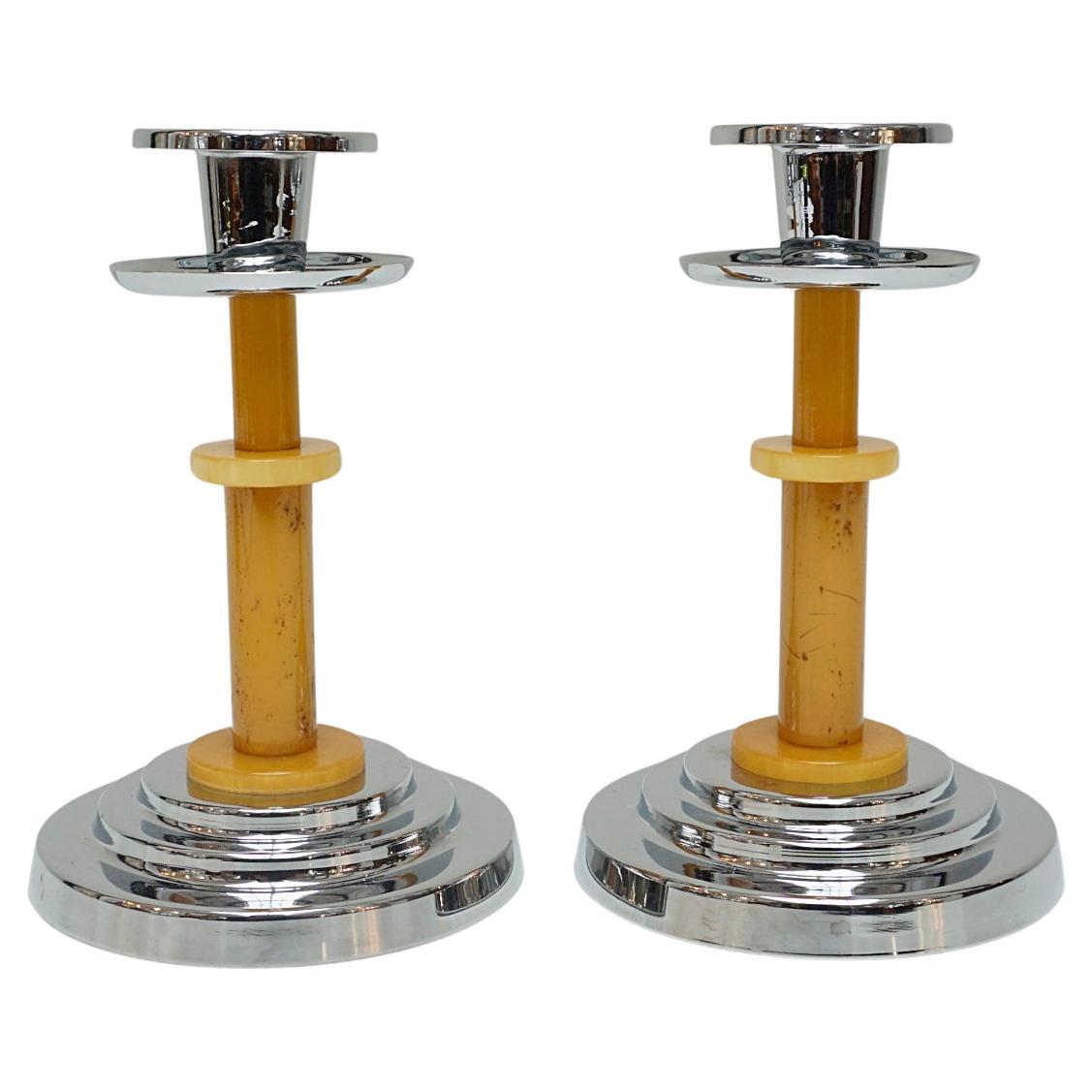 A Pair of Art Deco Chromed Candlesticks For Sale at 1stDibs