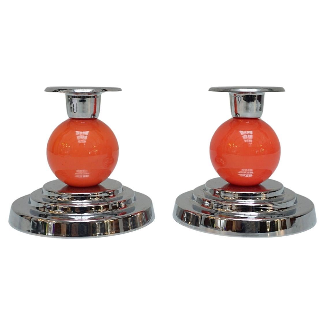 A Pair of Art Deco Chromed Bakelite Candlesticks For Sale at 1stDibs