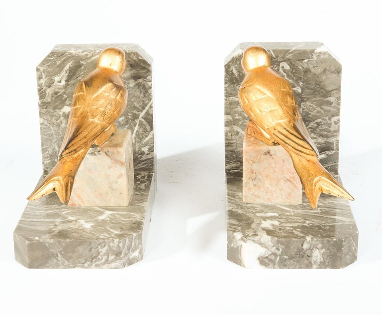 Pair of Art Deco Gilt Metal Birds and Marble Bookends For Sale at 1stDibs