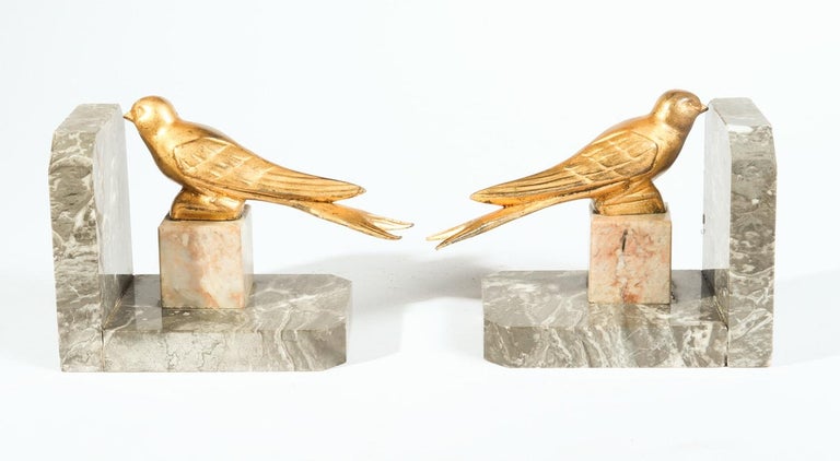 Pair of Art Deco Gilt Metal Birds and Marble Bookends For Sale at 1stDibs