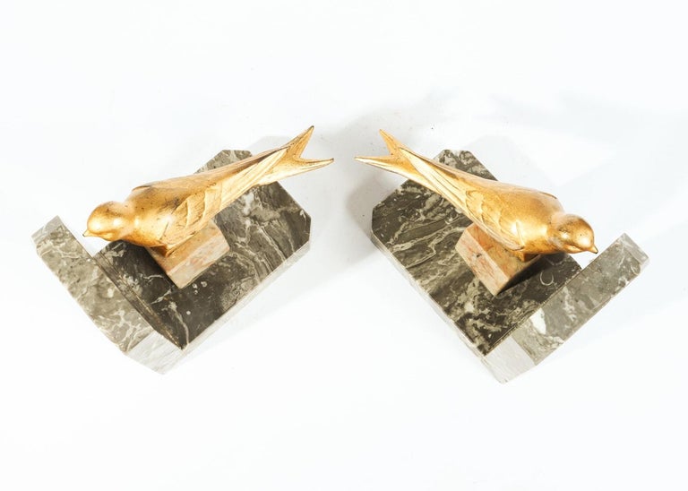 Pair of Art Deco Gilt Metal Birds and Marble Bookends For Sale at 1stDibs