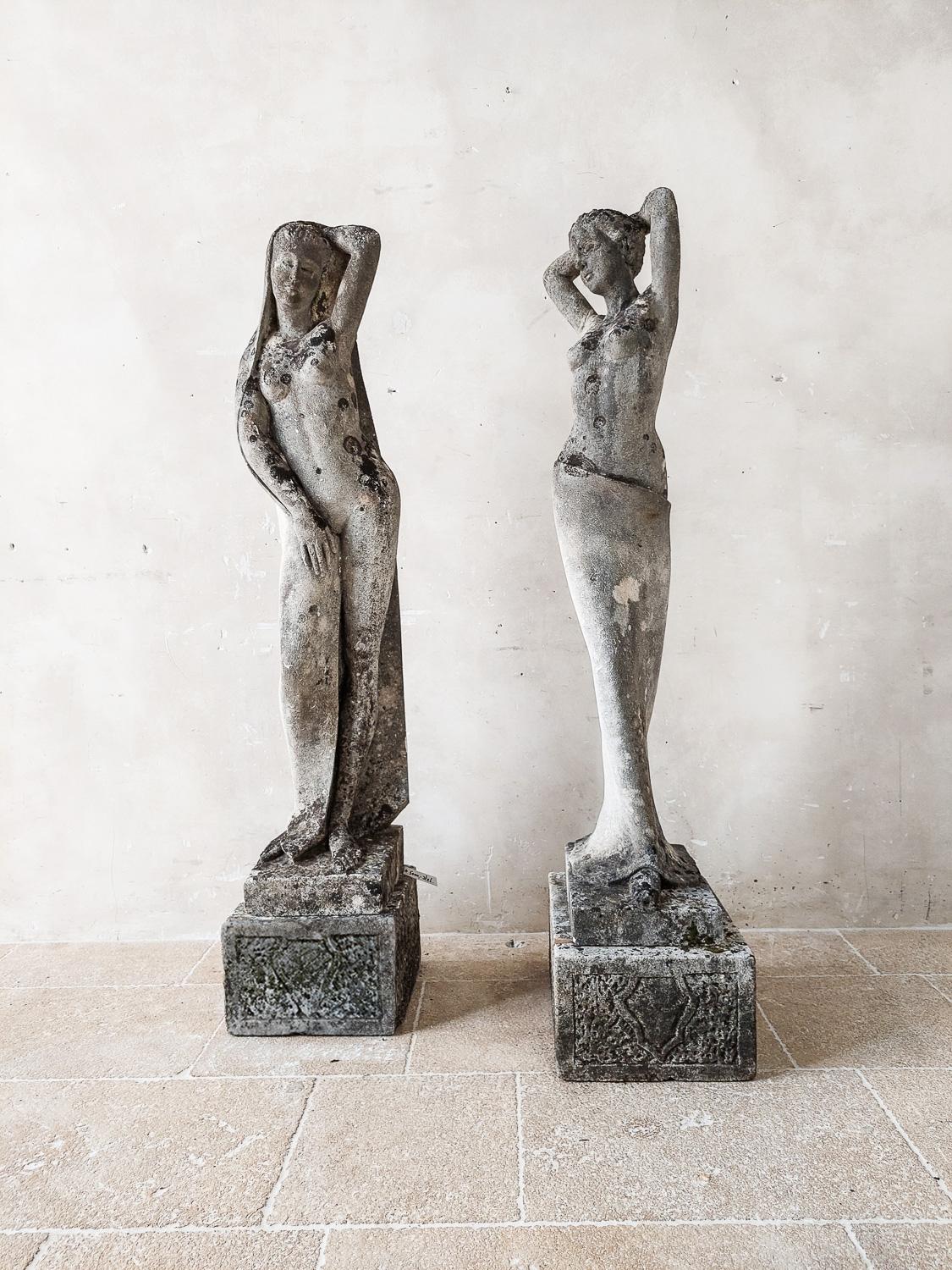 Pair of Art Nouveau Carved Stone Statues of Two Posing Venuses at 1stDibs
