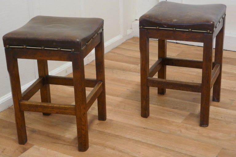 Pair of Arts and Crafts Golden Oak and Leather Stools For Sale at 1stDibs