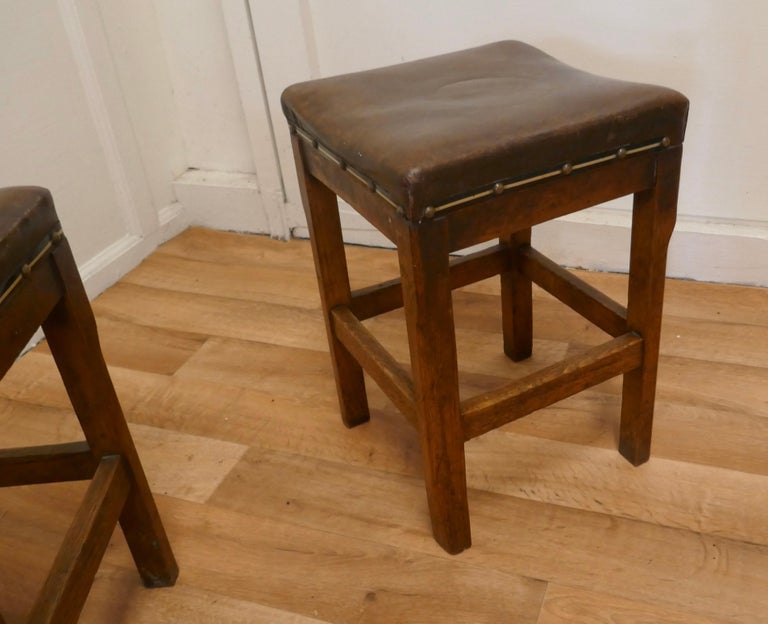 Pair of Arts and Crafts Golden Oak and Leather Stools For Sale at 1stDibs