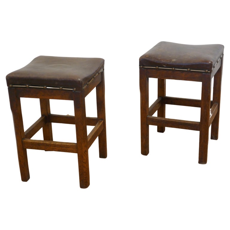 Pair of Arts and Crafts Golden Oak and Leather Stools For Sale at 1stDibs