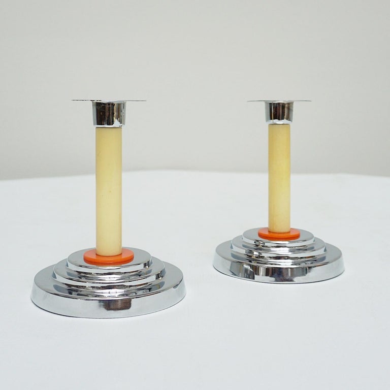 Pair of Bakelite and Chromed Metal Art Deco Candlesticks at 1stDibs