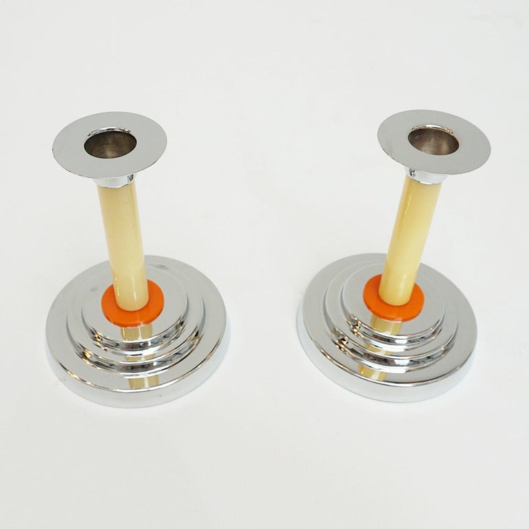 Pair of Bakelite and Chromed Metal Art Deco Candlesticks at 1stDibs
