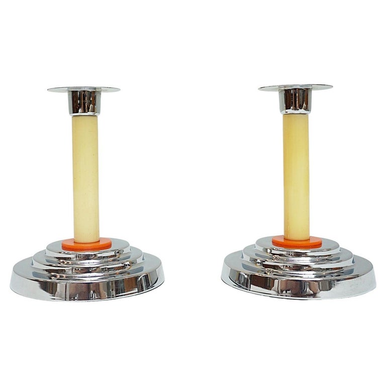 Pair of Bakelite and Chromed Metal Art Deco Candlesticks at 1stDibs