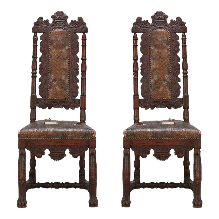 A Pair of Baroque Side Chairs with original leather For Sale at 1stDibs
