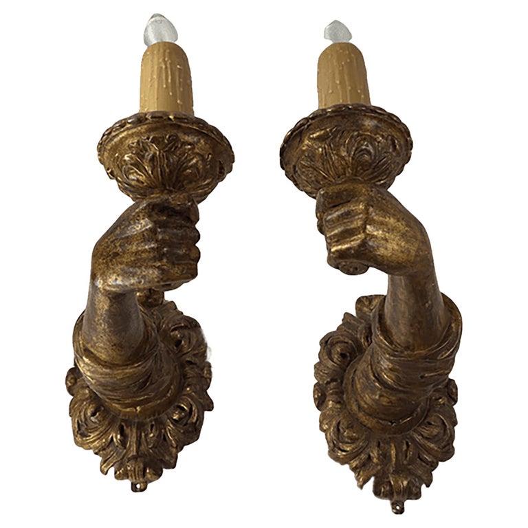 Pair of Baroque Wood Gilt 17th Century Italian Hand Carved Arm Sconces ...