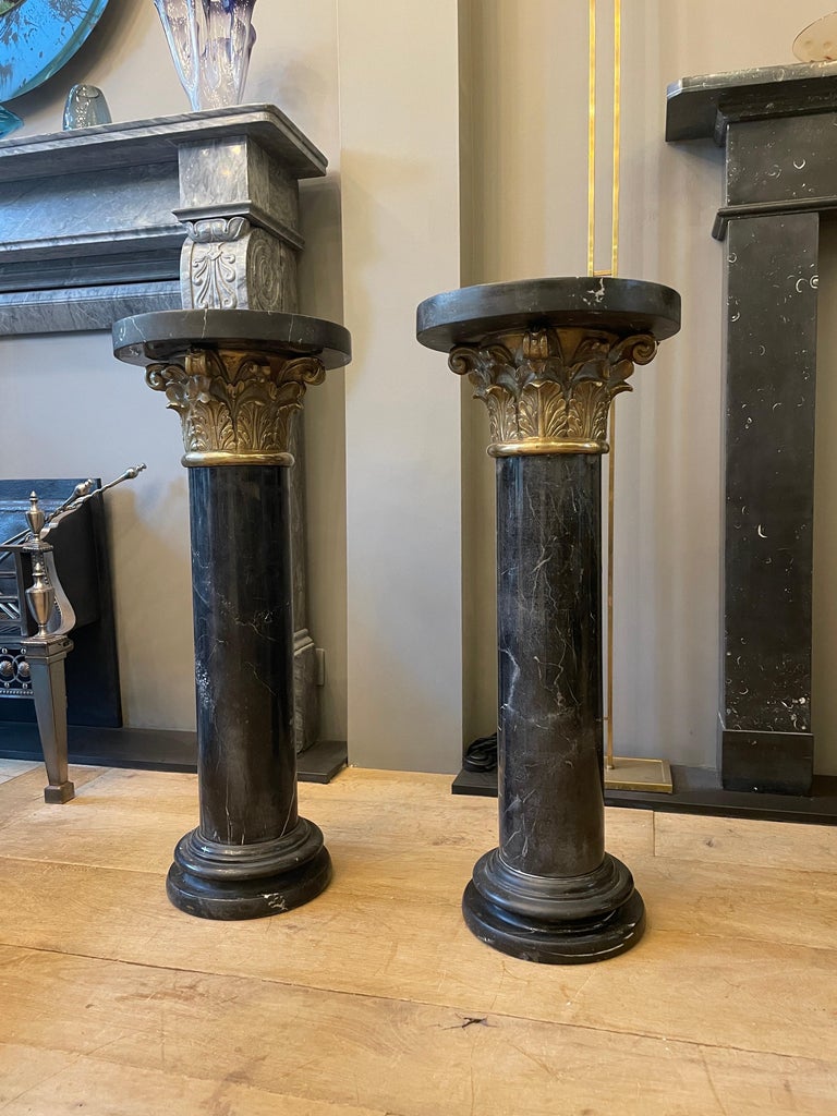 Pair of Black Fossil Marble and Bronze Columns at 1stDibs