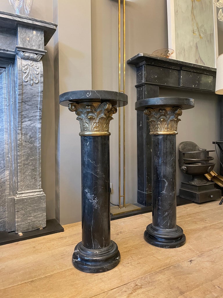 Pair of Black Fossil Marble and Bronze Columns at 1stDibs