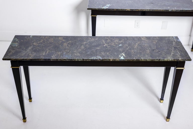 Pair of Black Lacquered Neo Classic Style Consoles with Labradorite ...
