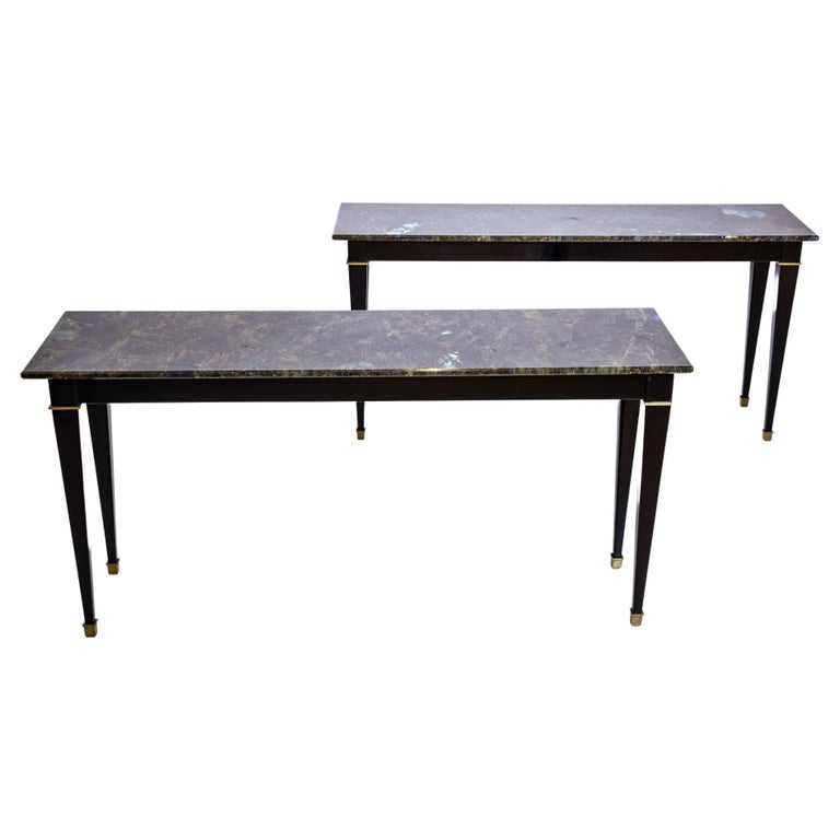 Pair of Black Lacquered Neo Classic Style Consoles with Labradorite ...