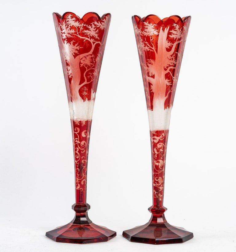Pair of Bohemian Flute-Shaped Vases For Sale at 1stDibs