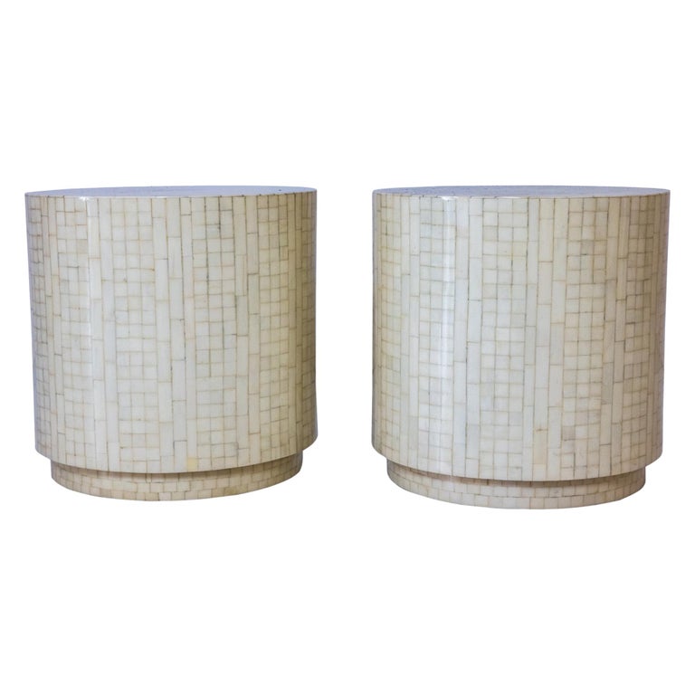 Pair of Bone Veneered Drum Tables Attributed to Enrique Garcel at 1stDibs