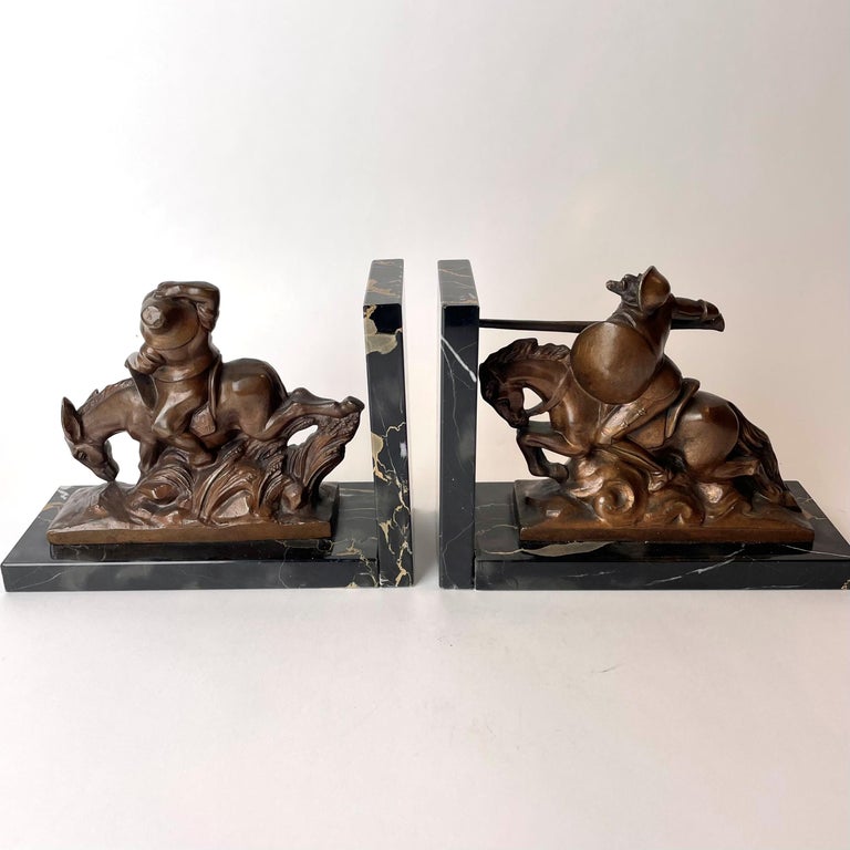 Pair of Bookends with Scenes from Don Quixote, Signed A. Soleau. For ...