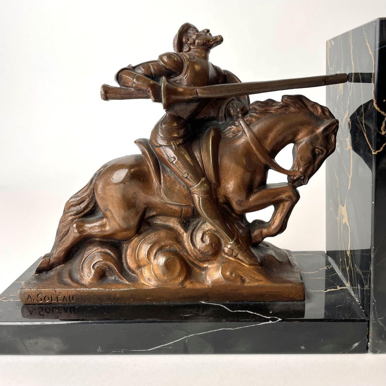 Pair of Bookends with Scenes from Don Quixote, Signed A. Soleau. For ...