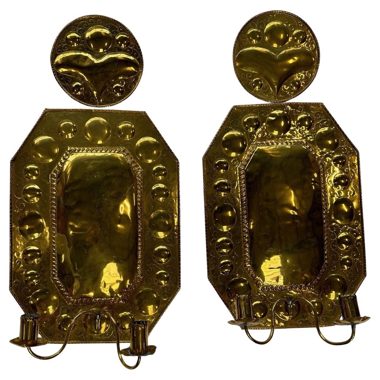 A Pair of Brass Wall Shields, With Two candleholders. Decorated For ...