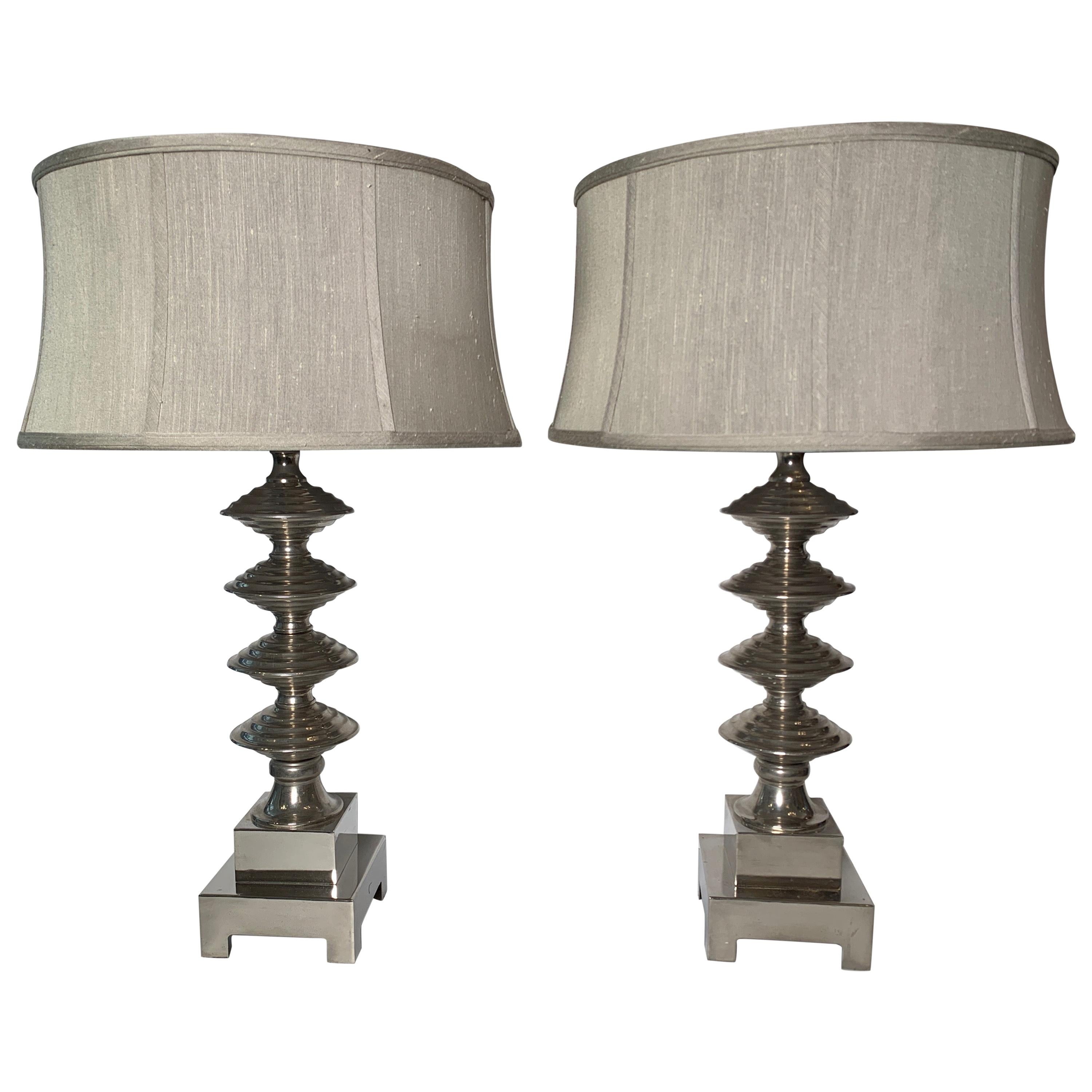 Pair of Burnished Nickel Midcentury Style Column Lamps For Sale at 1stDibs