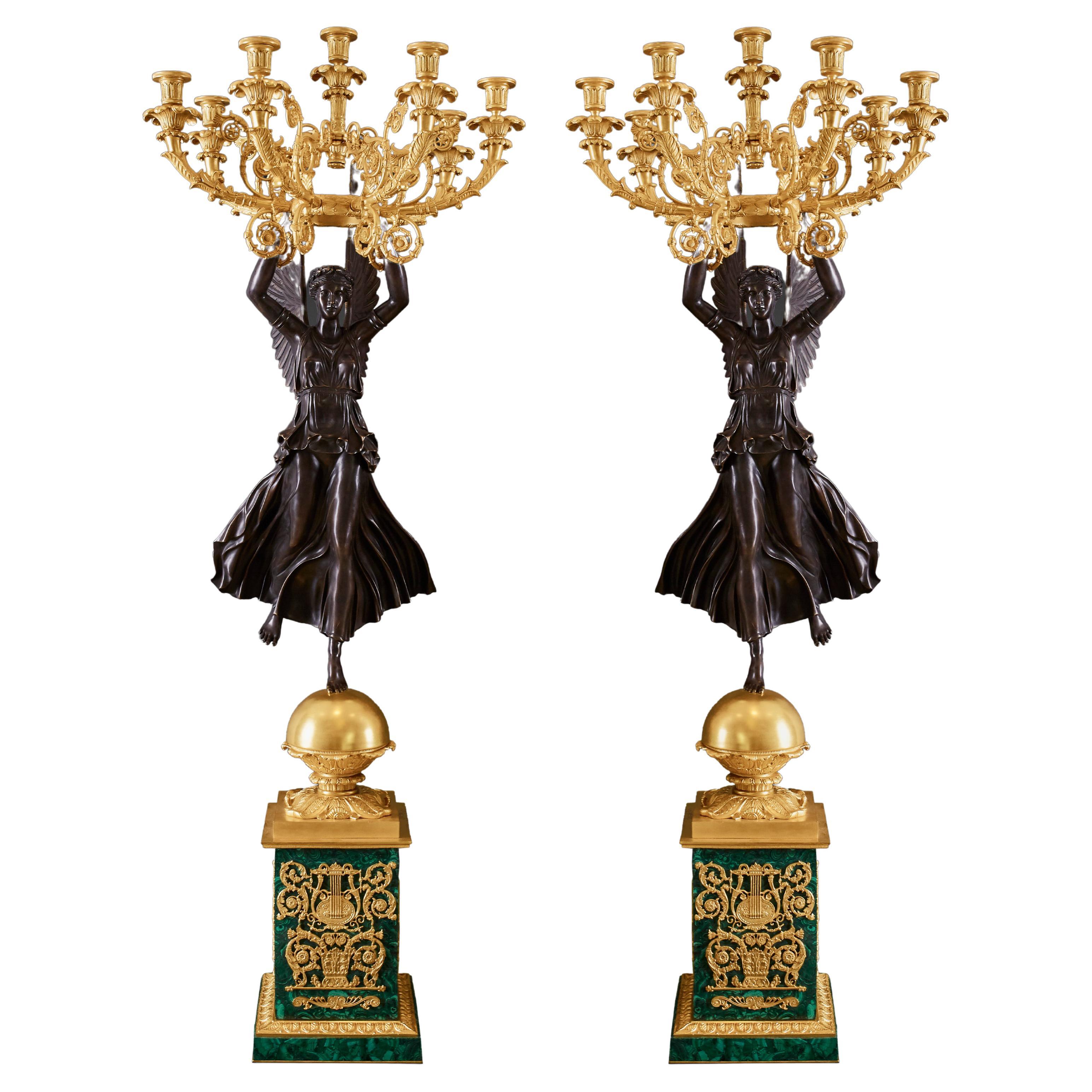 Pair of Large Gilt Bronze and Marble Candelabra For Sale at 1stDibs