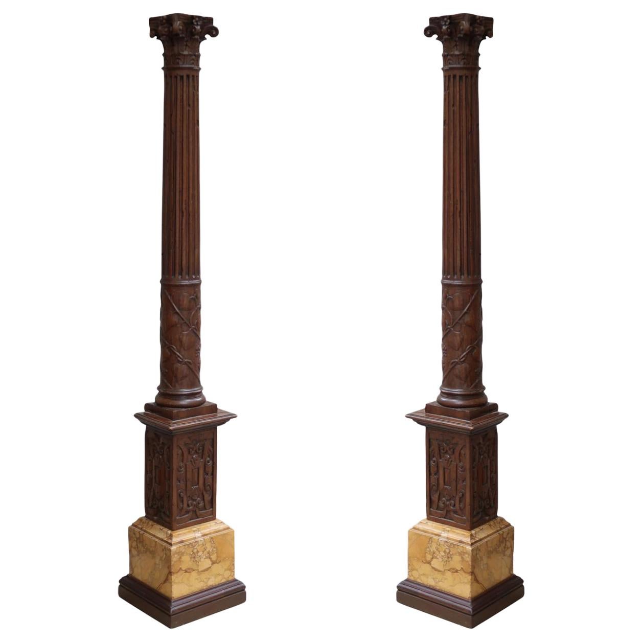 Pair of Carved Wood and Marble Neoclassical Italian Columns, 19th ...