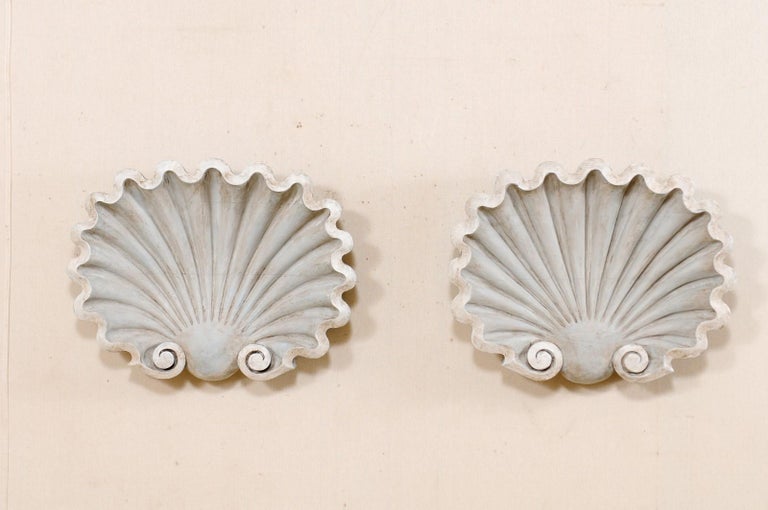 Pair of Carved Wood Wall Plaques in Beautiful Clam Shell Design at 1stDibs