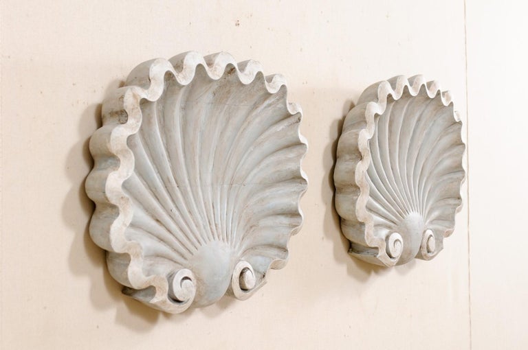 Pair of Carved Wood Wall Plaques in Beautiful Clam Shell Design at 1stDibs