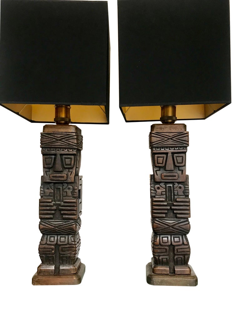 Pair of Carved Wooden Tiki Lamps For Sale at 1stDibs