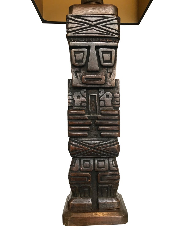 Pair of Carved Wooden Tiki Lamps For Sale at 1stDibs